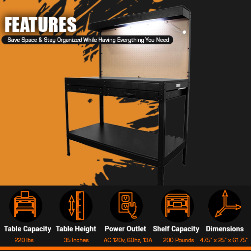 48-Inch Workbench with Power Outlets and Light ~ bestcargurus